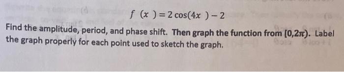 Solved f(x)=2cos(4x)−2 Find the amplitude, period, and phase | Chegg.com