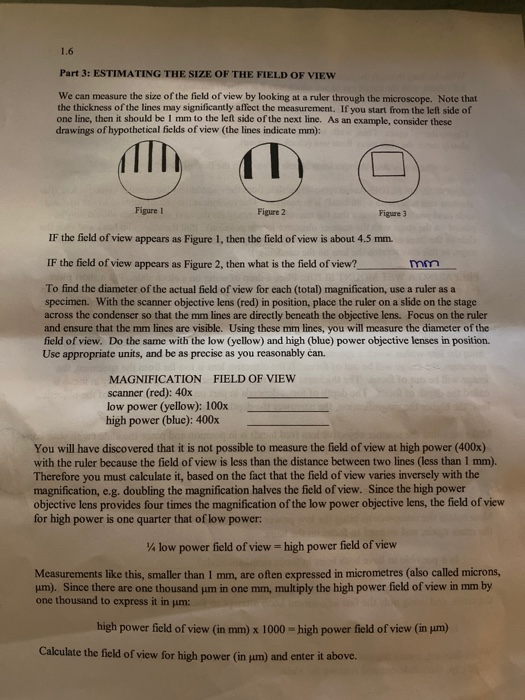 Solved 1.6 Part 3: ESTIMATING THE SIZE OF THE FIELD OF VIEW | Chegg.com