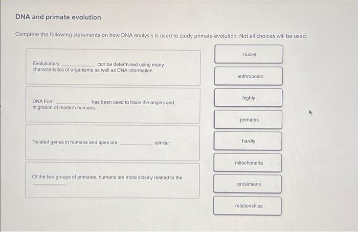 Solved DNA and primate evolution Complete the following | Chegg.com