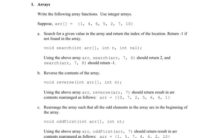 Solved 1 Arrays Write The Following Array Functions Use 