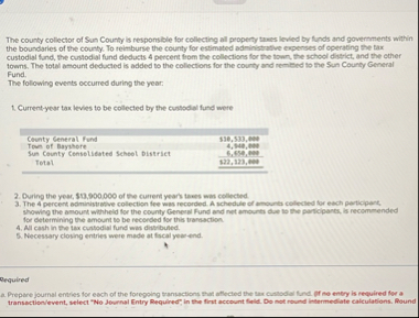 Solved The county collector of Sun County is responslale for | Chegg.com