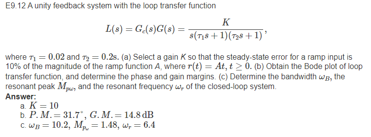 Solved E9.12 ﻿A unity feedback system with the loop transfer | Chegg.com