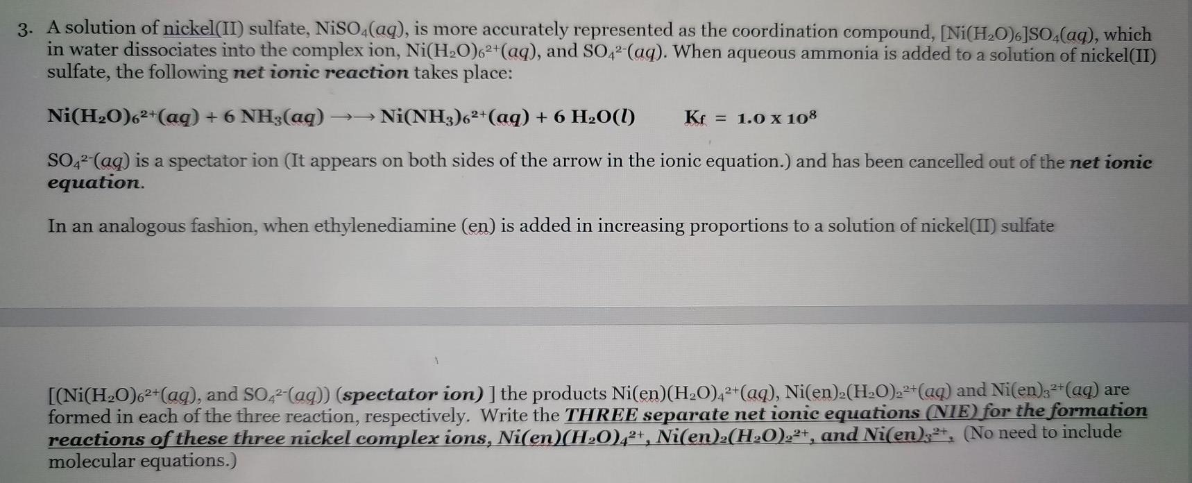 Solved 3. A solution of nickel(II) sulfate, Niso (aq), is | Chegg.com