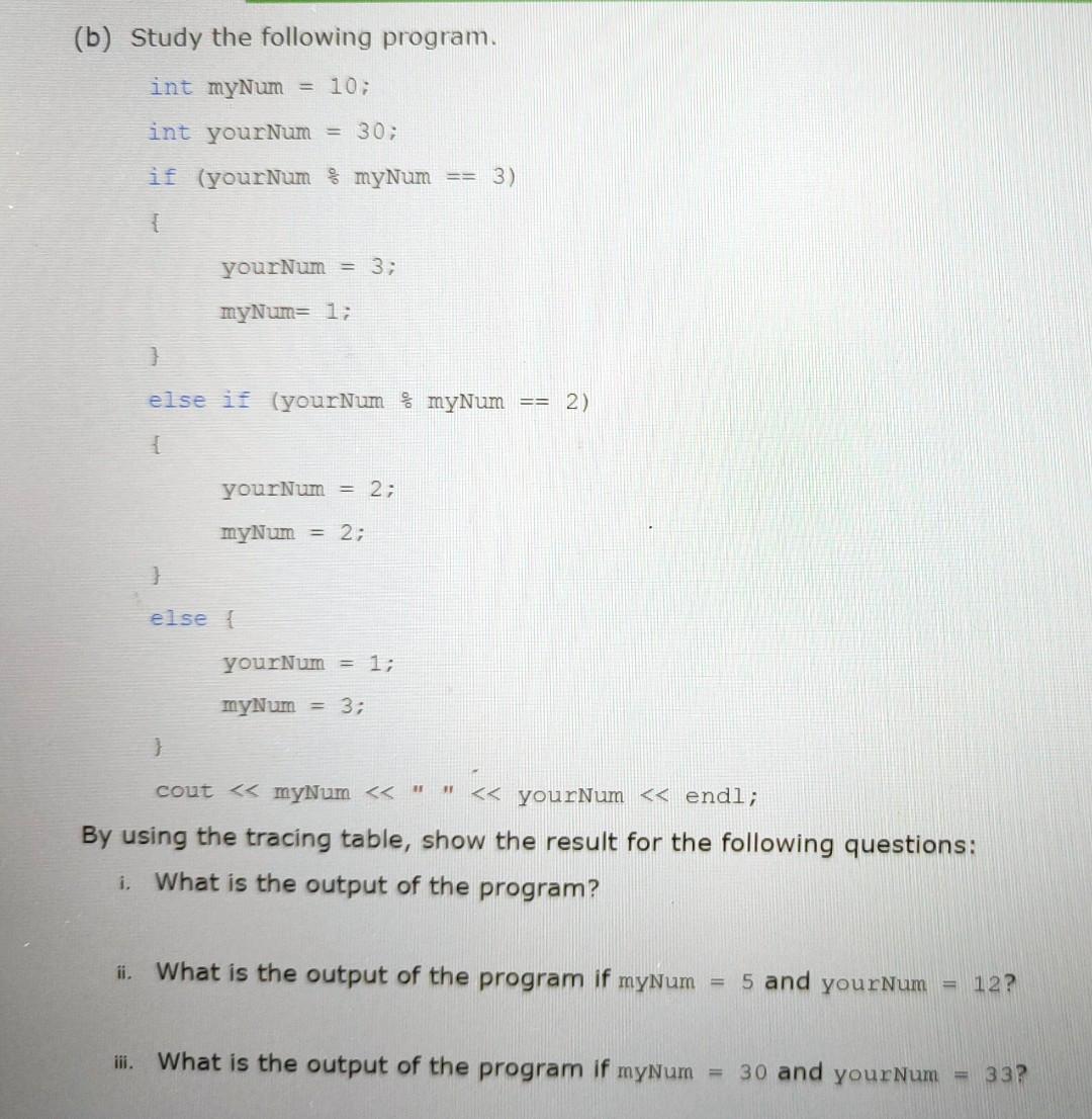 Solved (b) Study the following program. int myNum = 10; int | Chegg.com