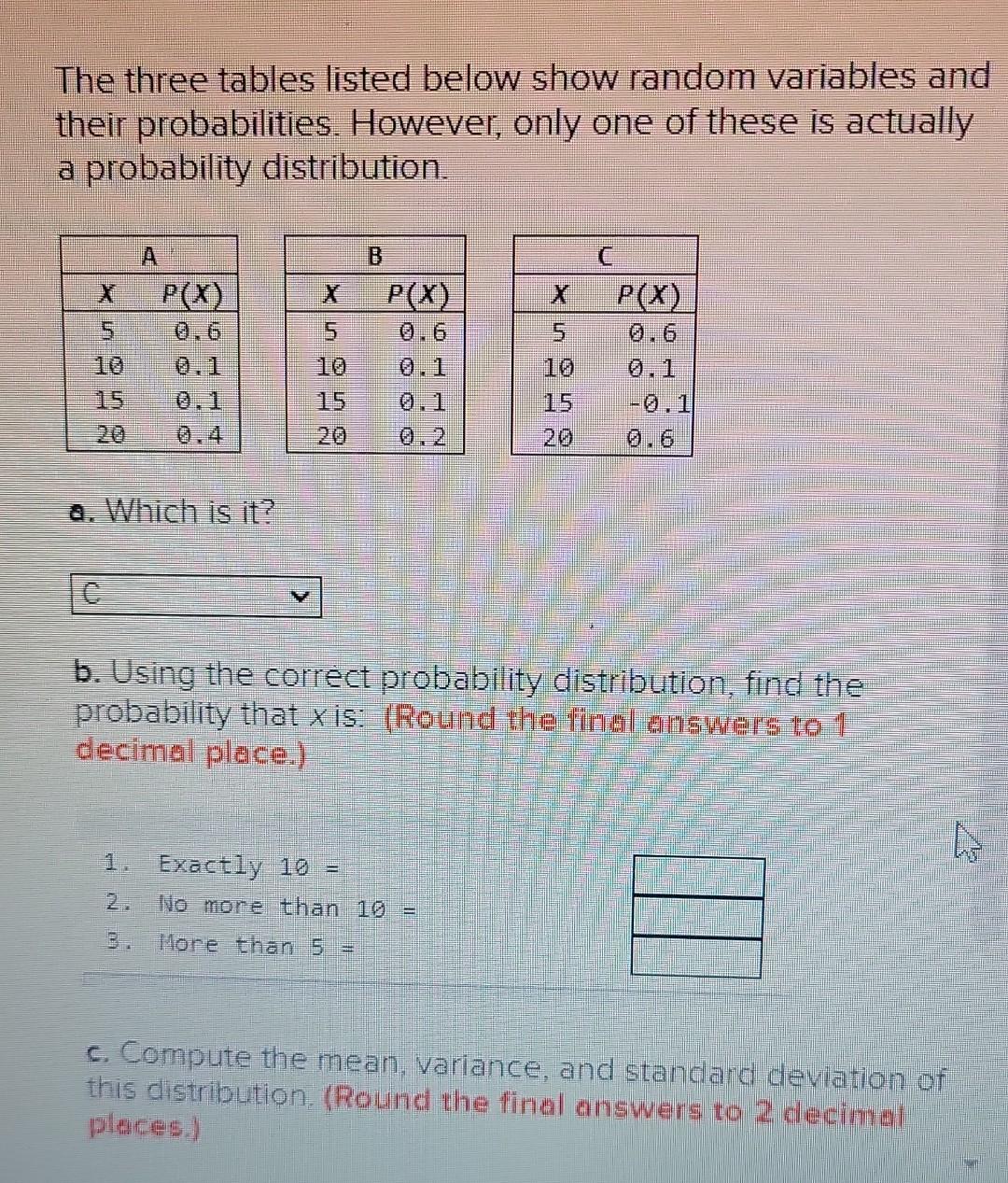 Solved The three tables listed below show random variables | Chegg.com