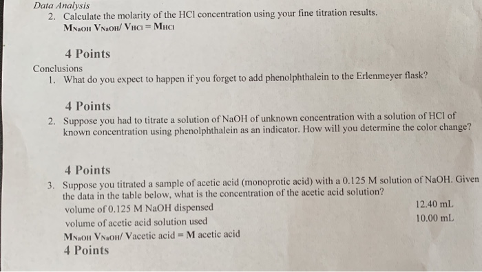Solved Data Analysis 2. Calculate the molarity of the HCl | Chegg.com