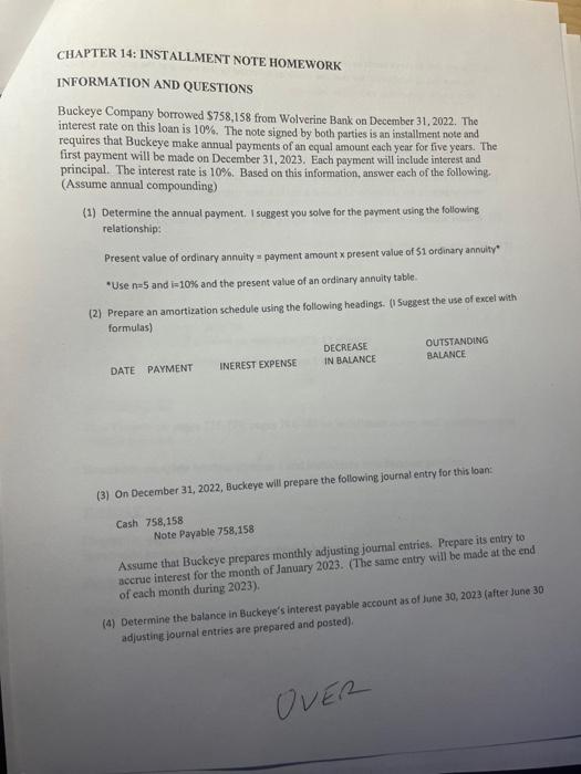 Solved CHAPTER 14: INSTALLMENT NOTE HOMEWORK INFORMATION AND | Chegg.com