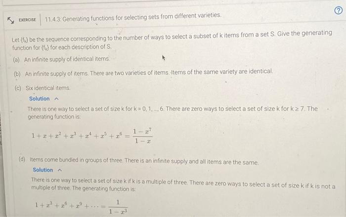 Solved Exercise ∣11.4.3 Generating functions for selecting | Chegg.com