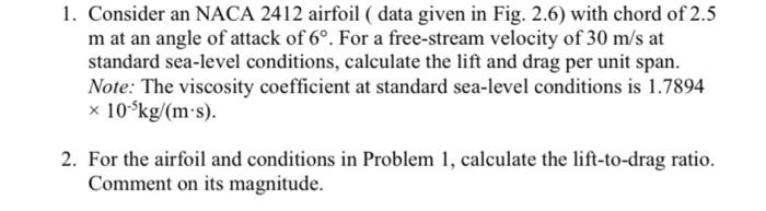 Solved 1. Consider an NACA 2412 airfoil (data given in Fig. | Chegg.com
