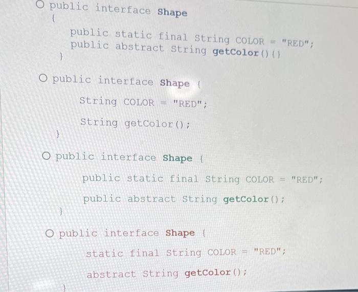 Solved 1 public static final string COLOR = "RED"; public | Chegg.com