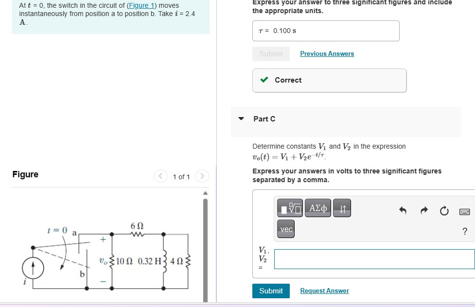 Solved At t=0, ﻿the switch in the circuit of (Figure 1) | Chegg.com