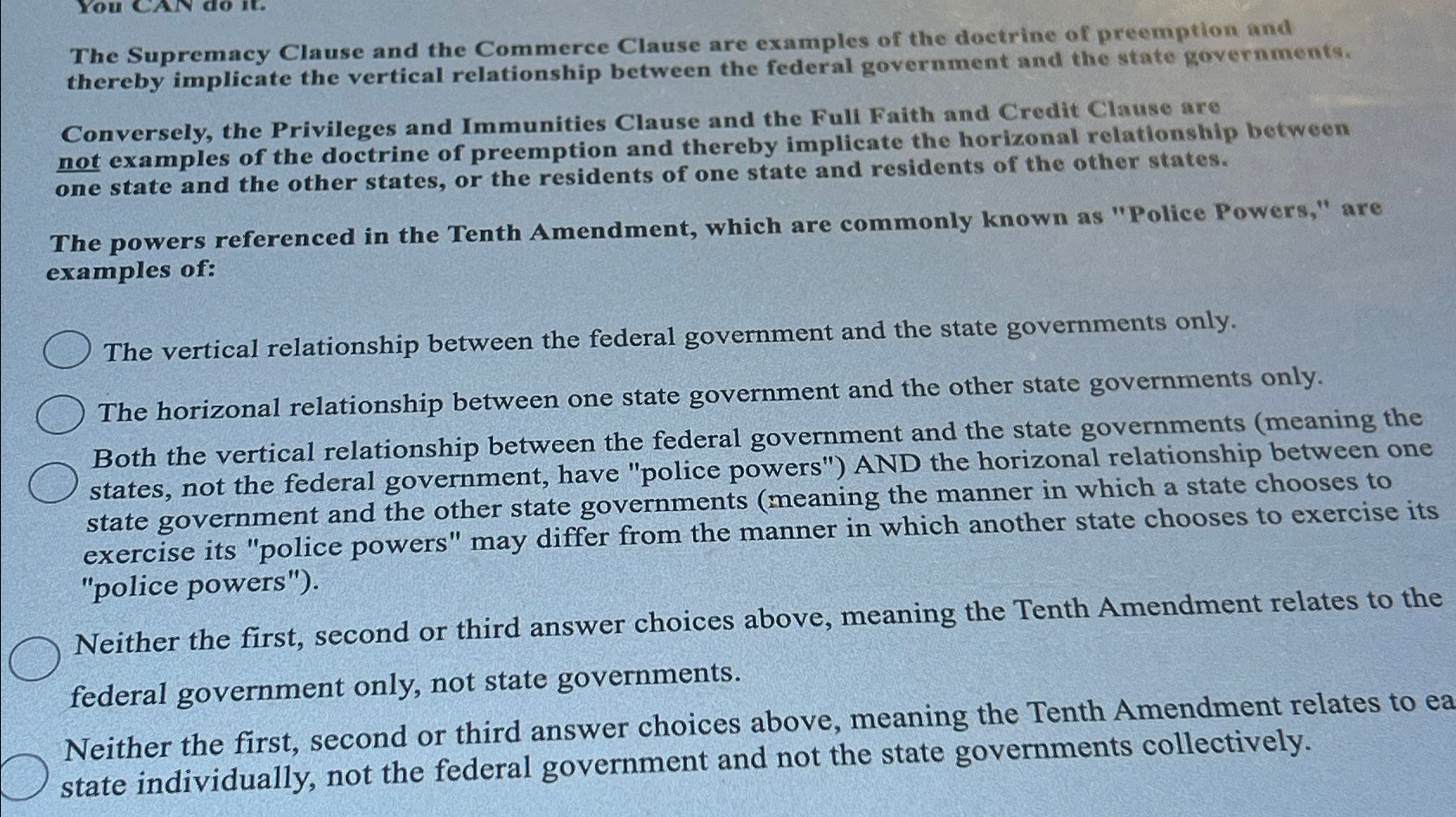 Solved The Supremacy Clause and the Commerce Clause are | Chegg.com