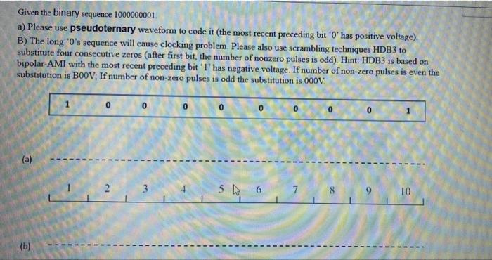 Solved Given the binary sequence 1000000001. a) Please use | Chegg.com