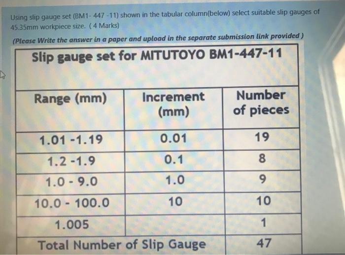 Solved Using slip gauge set (BM1-447-11) shown in the | Chegg.com
