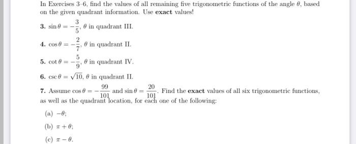 Solved In Exercises 3-6, find the values of all remaining | Chegg.com