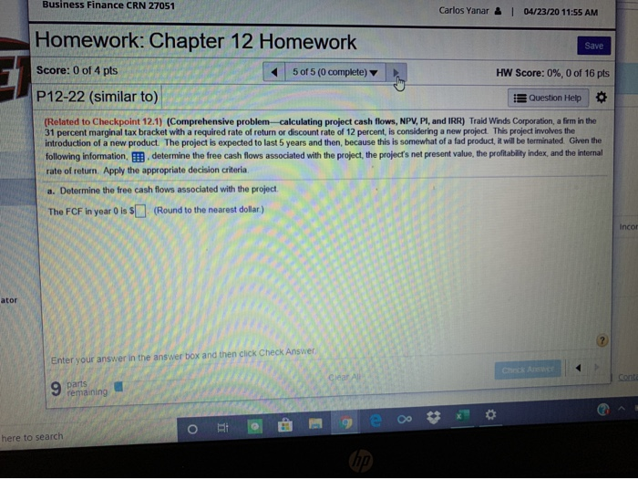 Solved Business Finance CRN 27051 Carlos Yanar & 04/23/20 | Chegg.com