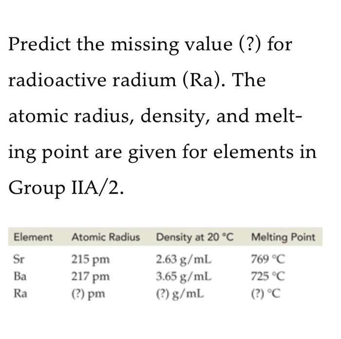 Solved Predict the missing value (?) for radioactive radium | Chegg.com