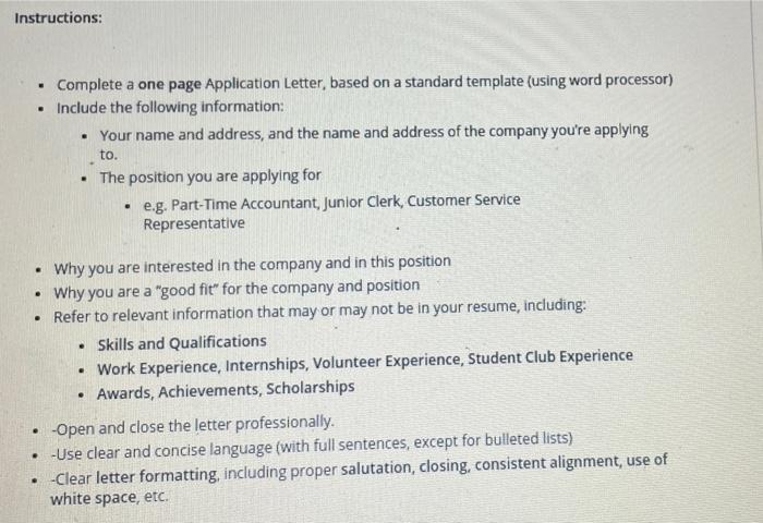 Solved Instructions: Complete a one page Application Letter, | Chegg.com