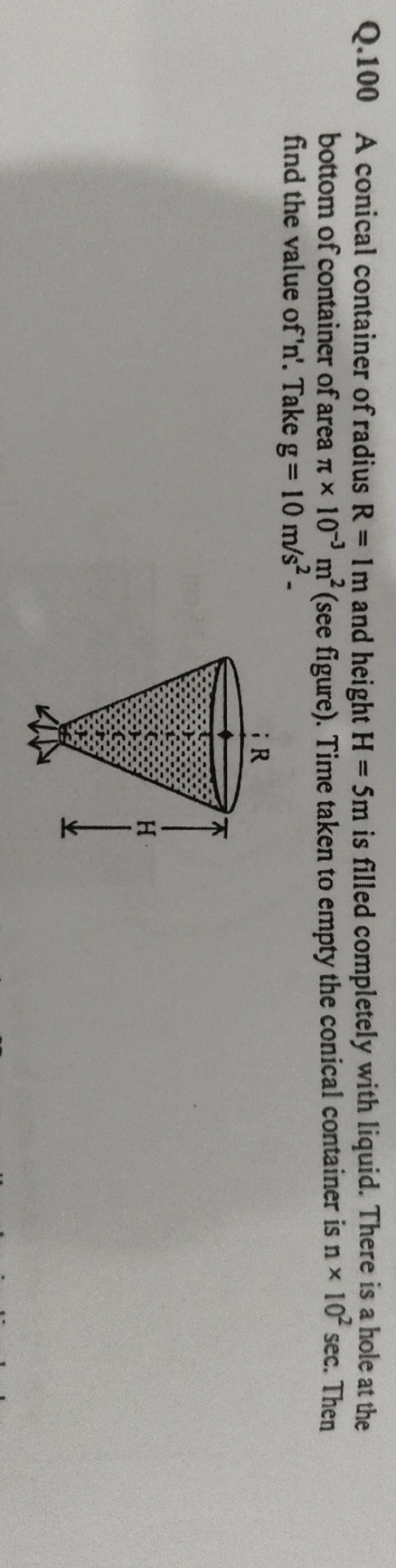 Solved Q. 100 ﻿A conical container of radius R=1m ﻿and | Chegg.com