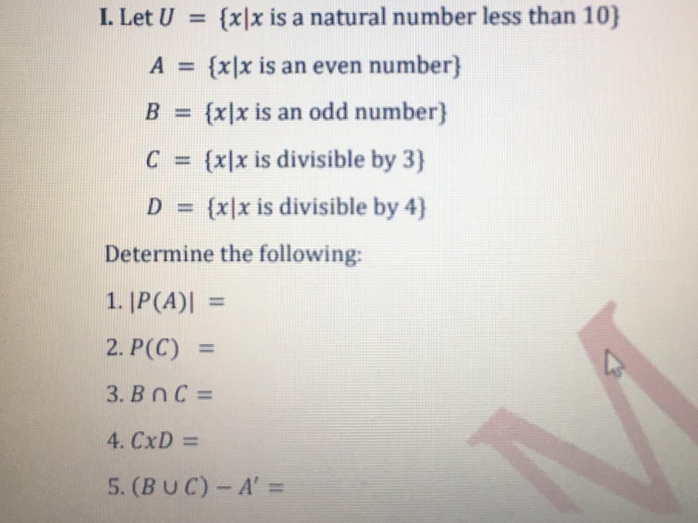 Solved I Let U = {x|x is a natural number less than 10) A = | Chegg.com