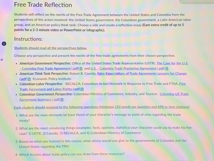 Solved Students will reflect on the merits of the Free Trade | Chegg.com