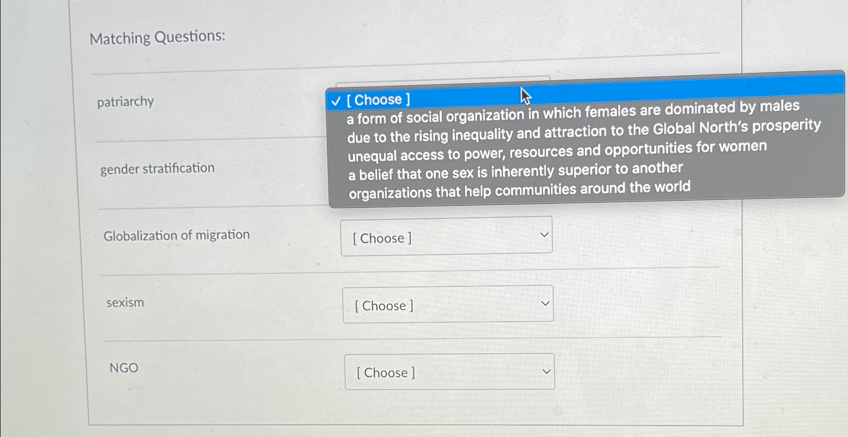 Solved Matching Questions:patriarchygender | Chegg.com