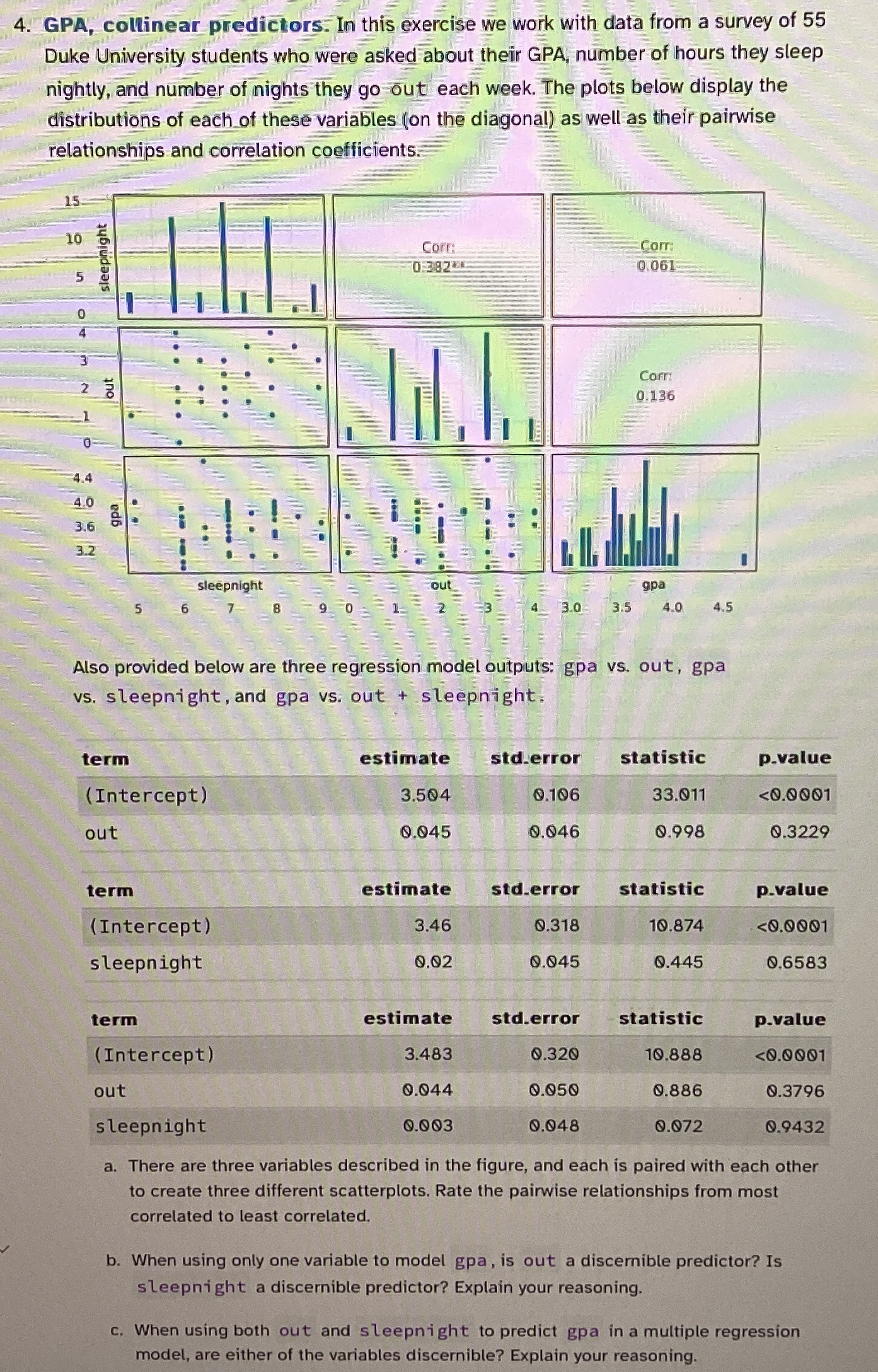 Solved GPA, collinear predictors. In this exercise we work | Chegg.com