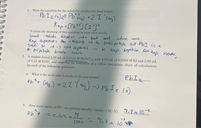 Solved 1. Write the equation for the solubility product for | Chegg.com