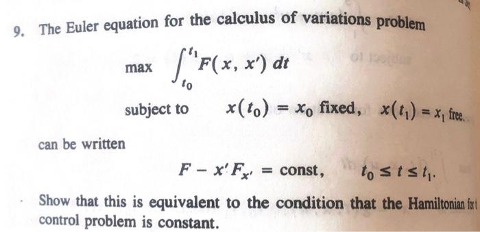 Solved 9 The Euler Equation For The Calculus Of Variations 