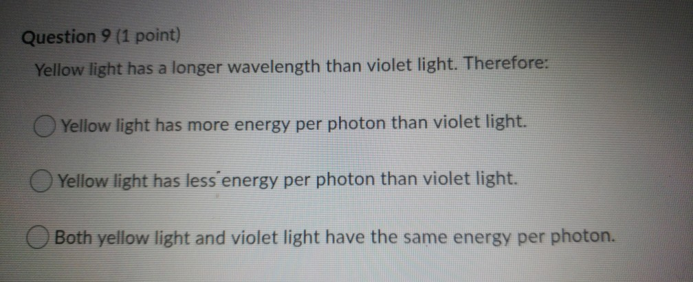 Solved Question 9 (1 point) Yellow light has a longer | Chegg.com