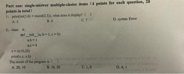 Solved Part one: single-answer multiple-choice items (4 | Chegg.com