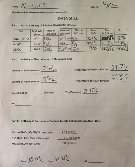 Solved Part I. Calculate the enthalpy of solutions for each | Chegg.com