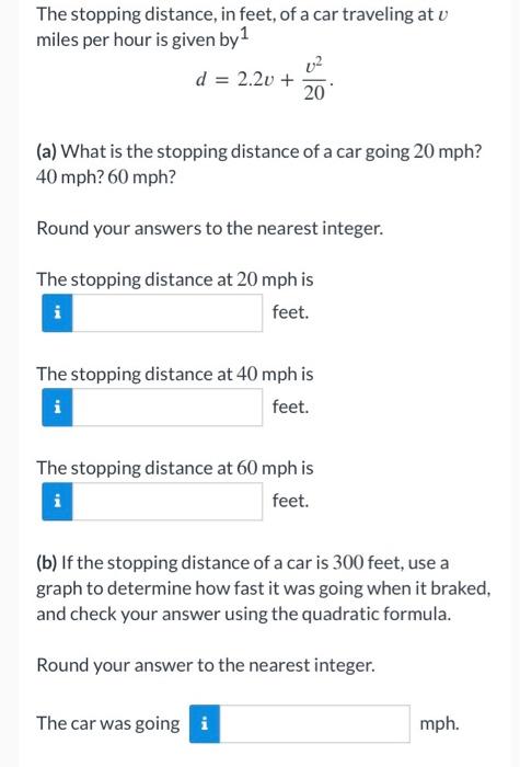 Solved The stopping distance, in feet, of a car traveling at | Chegg.com