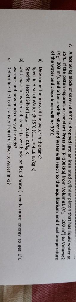 Solved 7. A hot 50 kg block of silver at 80°C is dropped | Chegg.com