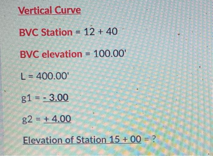 Solved Vertical Curve BVC Station = 12 + 40 BVC elevation = | Chegg.com