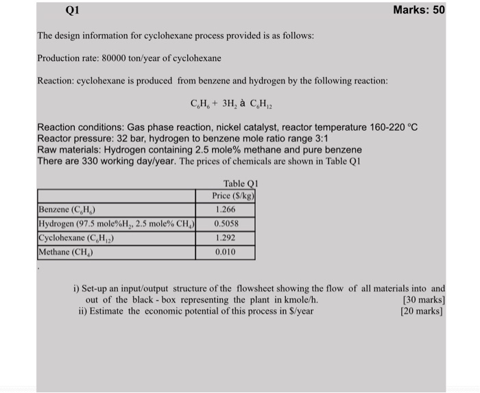Solved Q1 Marks: 50 The design information for cyclohexane | Chegg.com