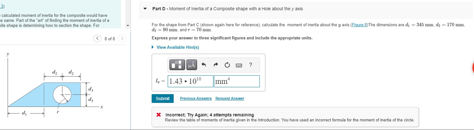 Solved Part D - ﻿Moment of Inertia of a Composite shape with | Chegg.com
