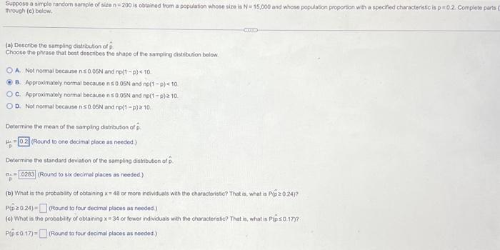 Solved Suppose a simple randorn sample of size n=200 is | Chegg.com
