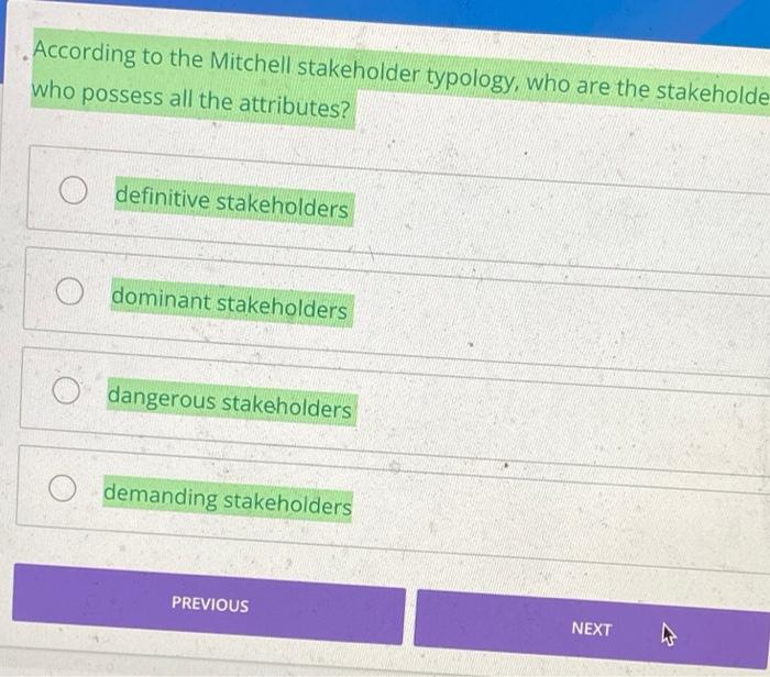 Solved According to the Mitchell stakeholder typology, who | Chegg.com