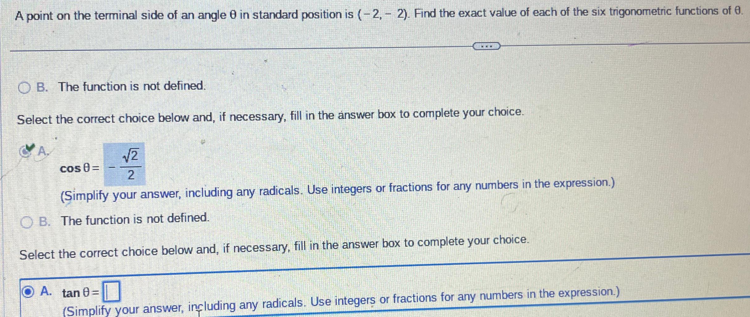 Solved A point on the terminal side of an angle θ ﻿in | Chegg.com