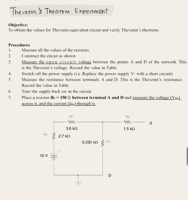 Solved Thevenin's Theorem Experiment Objective: To obtain | Chegg.com