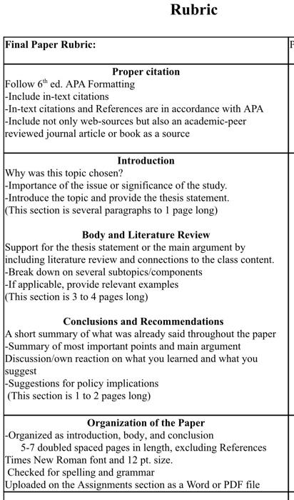 Rubric Final Paper Rubric: Proper citation Follow 6 | Chegg.com