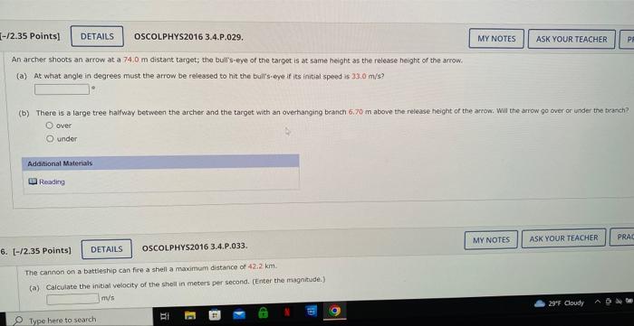 Solved An archer shoots an arrow at a 74.0 m distant target; | Chegg.com