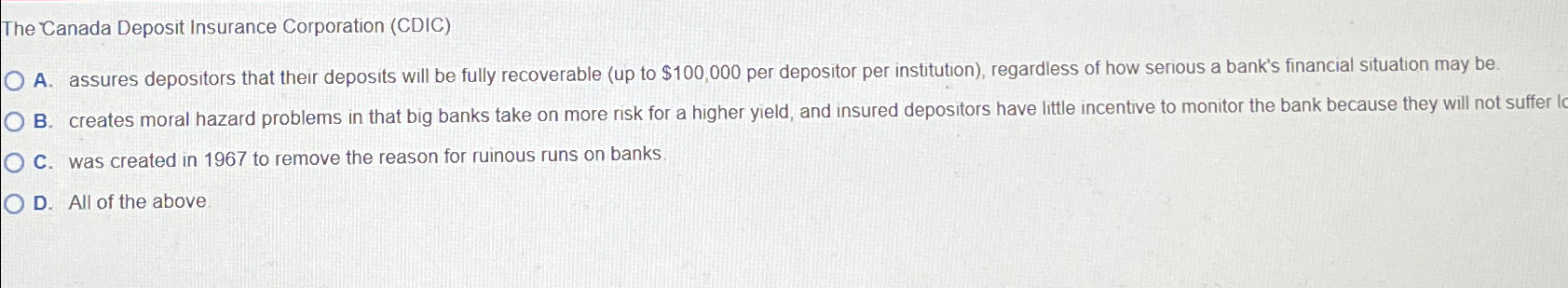 Solved The Canada Deposit Insurance Corporation (CDIC)A. | Chegg.com