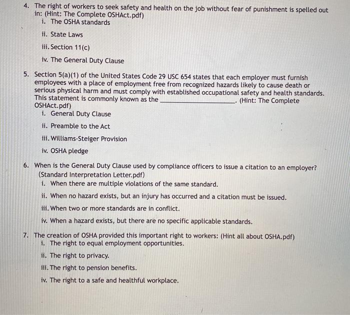 Solved 4. The right of workers to seek safety and health on | Chegg.com