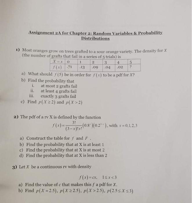 Solved Assignment 2A for Chapter 2: Random Variables \& | Chegg.com