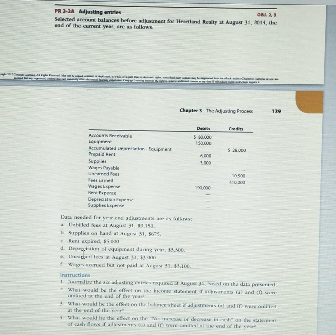 Solved PR 3-2A Adjusting entries OBU. 2, 3 Selected account | Chegg.com