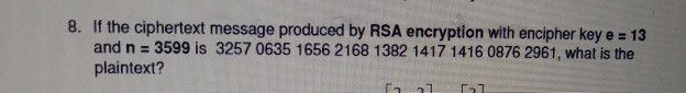 Solved 8. If the ciphertext message produced by RSA | Chegg.com