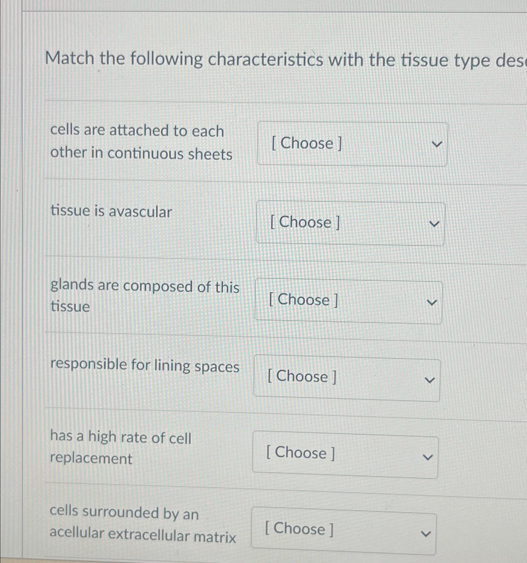 Solved Match the following characteristics with the tissue | Chegg.com