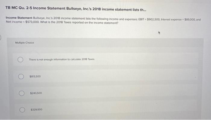 Solved TB MC Qu. 2-5 Income Statement Bullseye, Inc.'s 2018 | Chegg.com
